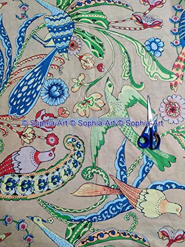 Indian Hand-Block Printed Jaipuri Peacock Bird Print Ethnic Sanganer Kurti Print Cotton Dressmaking Sewing Gypsy Quilting Beautiful Hand Voile Craft Fabric by The Yard (Beige, 5 Yards)