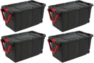 sterilite 14699002 40 gallon/151 liter wheeled industrial tote, black lid & base w/racer red handle & latches,4 pack