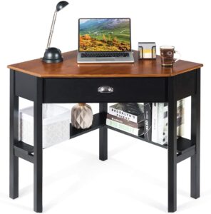 nightcore small, wood computer desk, compact writing w/drawer & storage shelves, space saving study workstation, laptop pc corner table, coffee