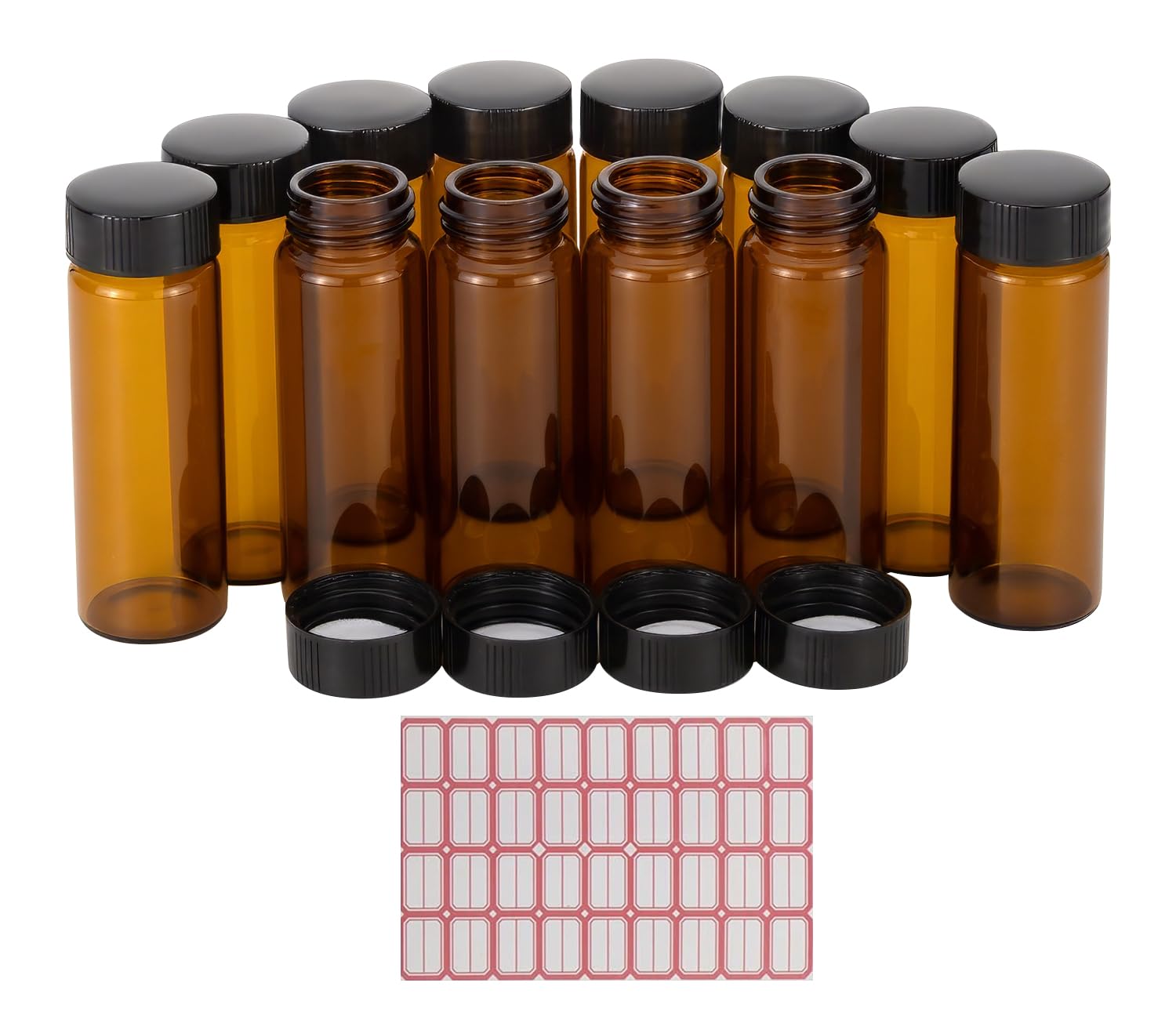 Kesell 12Pcs 30ML Amber Brown Glass Bottle with Black Caps for perfume oils and other liquids (Comes with red handwritten sticker paper)