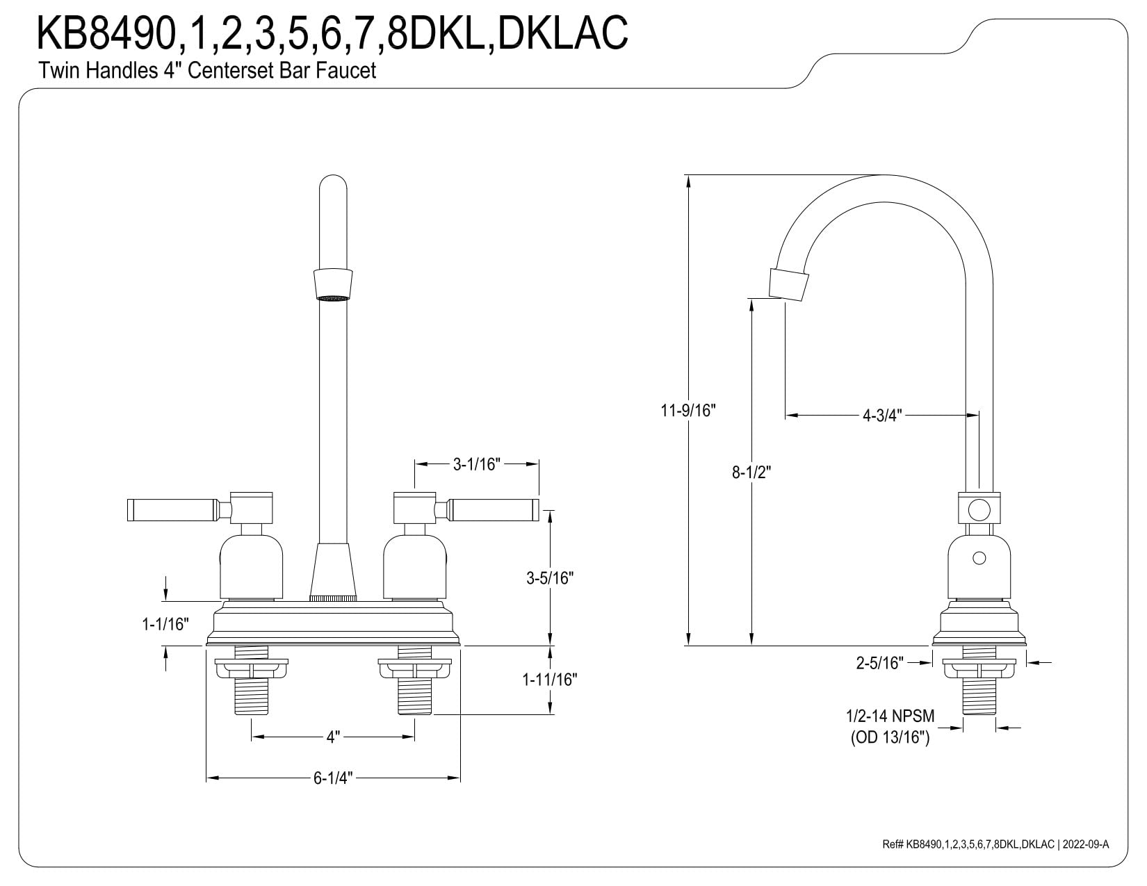 Kingston Brass KB8490DKL Kaiser Bar Faucet, Matte Black, 11.56 x 9.31 x 4.75