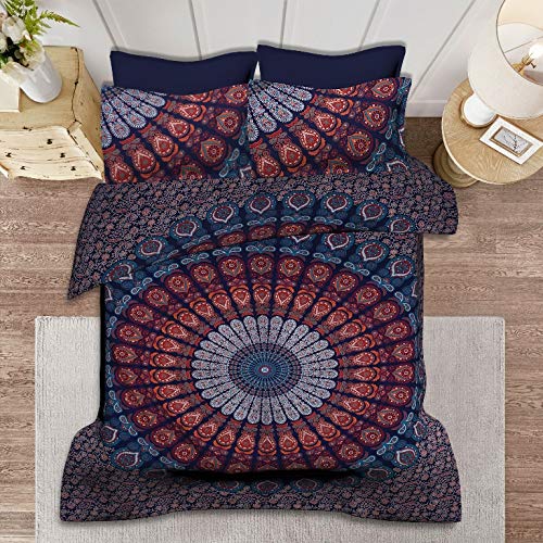 SHIRANYA 100% Cotton Maroon Mandala Duvet Cover Set Queen 3 Piece Indian Ethnic Reversible Bohemian Floral Design Bedspread Blanket (1 Duvet Cover+2 Pillowcases, Size-88x82 inch)