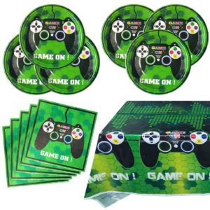 video games party tableware supplies set including 20 pcs plates, table cover and 20 pcs napkins, video games theme party baby shower birthday decorations