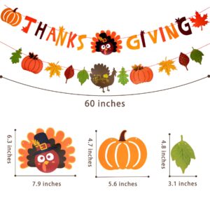 Thanks Giving Banners(Pre-Assembled) Maple Leaves Pumpkins Turkeys Banner for Thanksgiving Day, Happy Thanksgiving Fall Party Sign Banner Garland Decoration for Mantle Dinner Table Fireplace