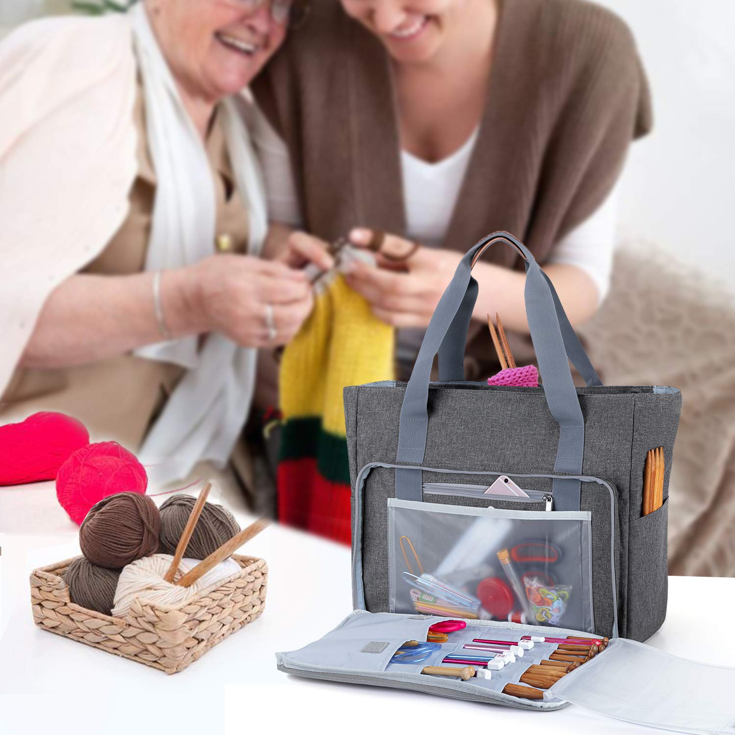 Teamoy Knitting Bag, Travel Yarn Storage Tote Organizer for Yarn, Unfinished Project, Crochet Hooks, Knitting Needles and Accessories, Lightweight, Water-Resistant, Large Capacity, Gray