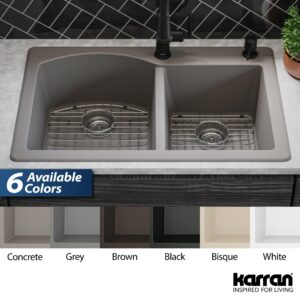 Karran QT-610 Drop-In Quartz Composite 33 in. 1-Hole 60/40 Double Bowl Kitchen Sink Kit in Concrete