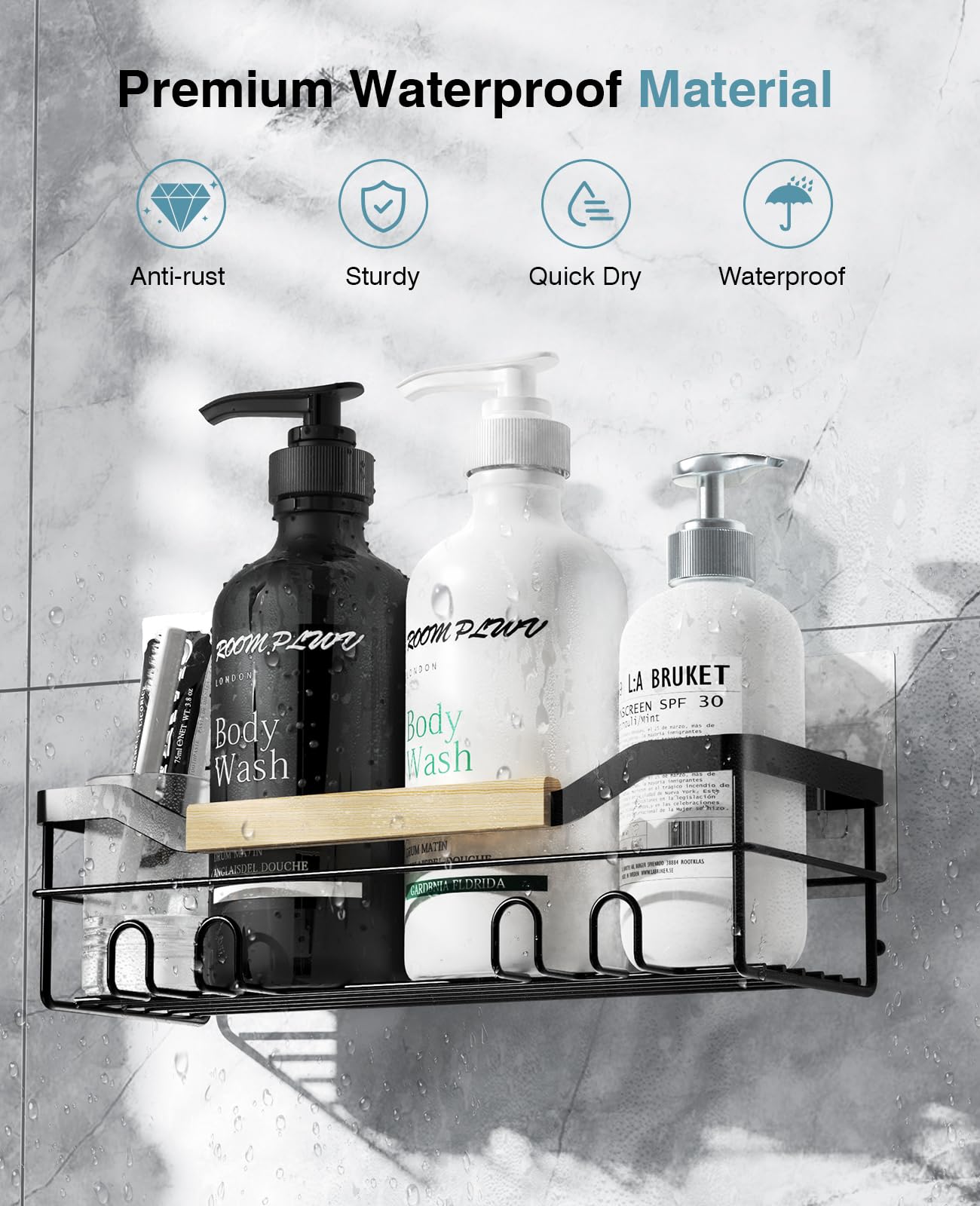 TJ.MOREE Shower Caddy 4 Pack, Adhesive Black Bathroom Shelves with 2 Soap Holders, Farmhouse Bathroom Decor, No Drilling Rustproof Shower Rack Organizer for Bathroom & Kitchen, RV, Apartment, Dorm