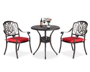 titimo 3 piece cast aluminum patio dining set,outdoor furniture bistro set, all-weather cast aluminum conversation set includes table and chairs w/cushions and umbrella hole for patio garden (red)