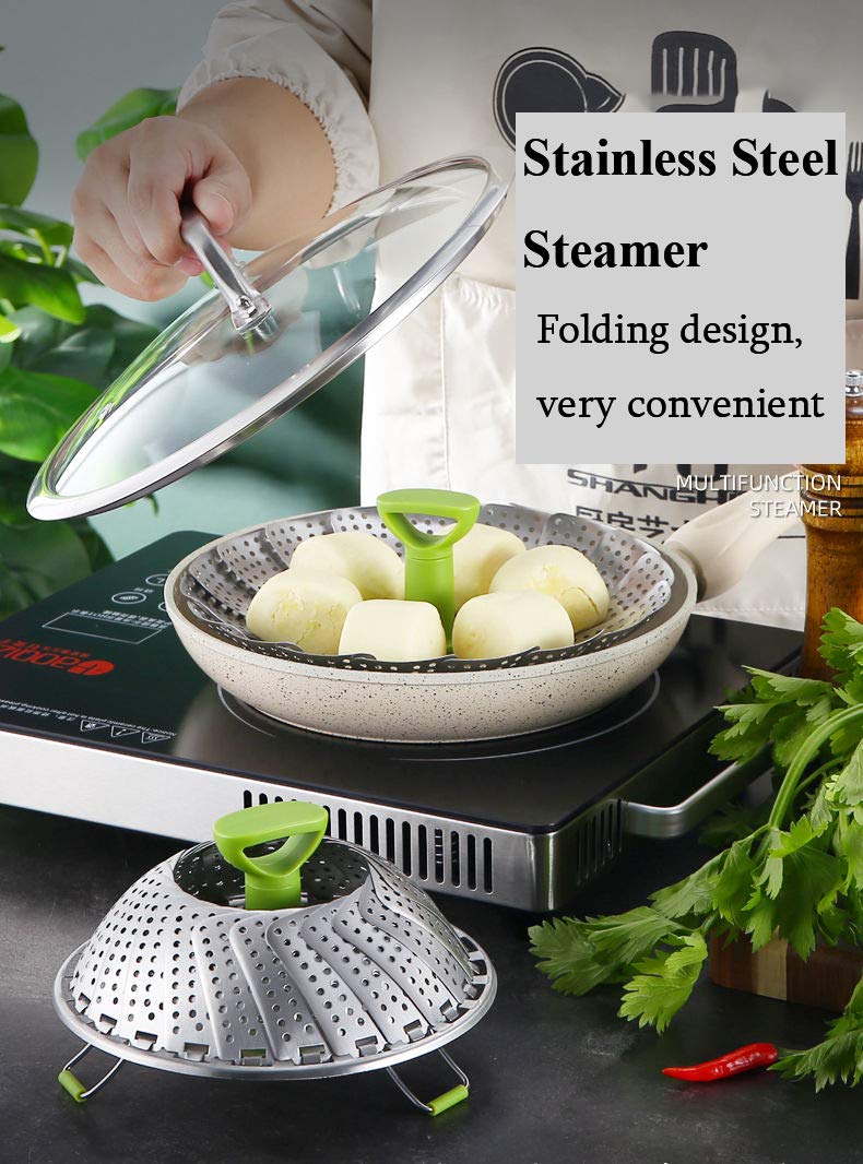 Vegetable Steamer Basket, Stainless Steel Folding Steamer Basket Insert for Veggie Fish Seafood Cooking, Expandable to Fit Various Size Pot (5.1" to 9" Triangle)