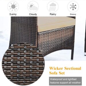 LUARANE 4-Piece Rattan Patio Furniture Set, Outdoor Wicker Sofa Couch Table Set, w/Thick Seat Cushions Tempered Glass Coffee Table, Conversation Set for Lawn Garden Poolside Backyard (Brown)