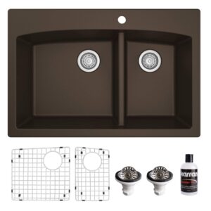 karran qt-711 drop-in quartz composite 33 in. 1-hole 60/40 double bowl kitchen sink kit in brown