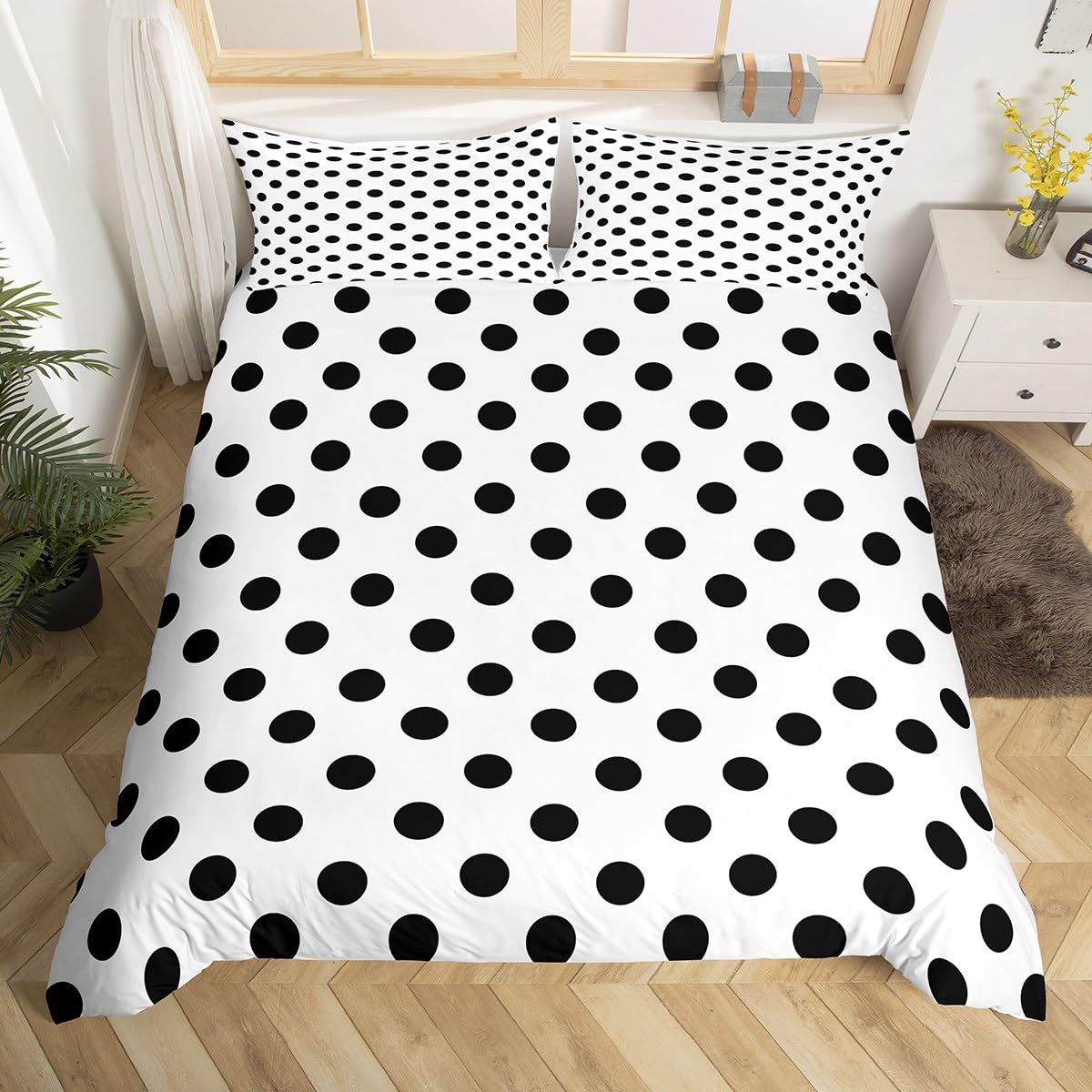 Feelyou Polka Dots Duvet Cover Black Circle Bedding Set Modern Geometry Design Comforter Cover for Boys Girls Kids Room Decor Lightweight Black White Bedspread Cover Queen Size with 2 Pillow Case