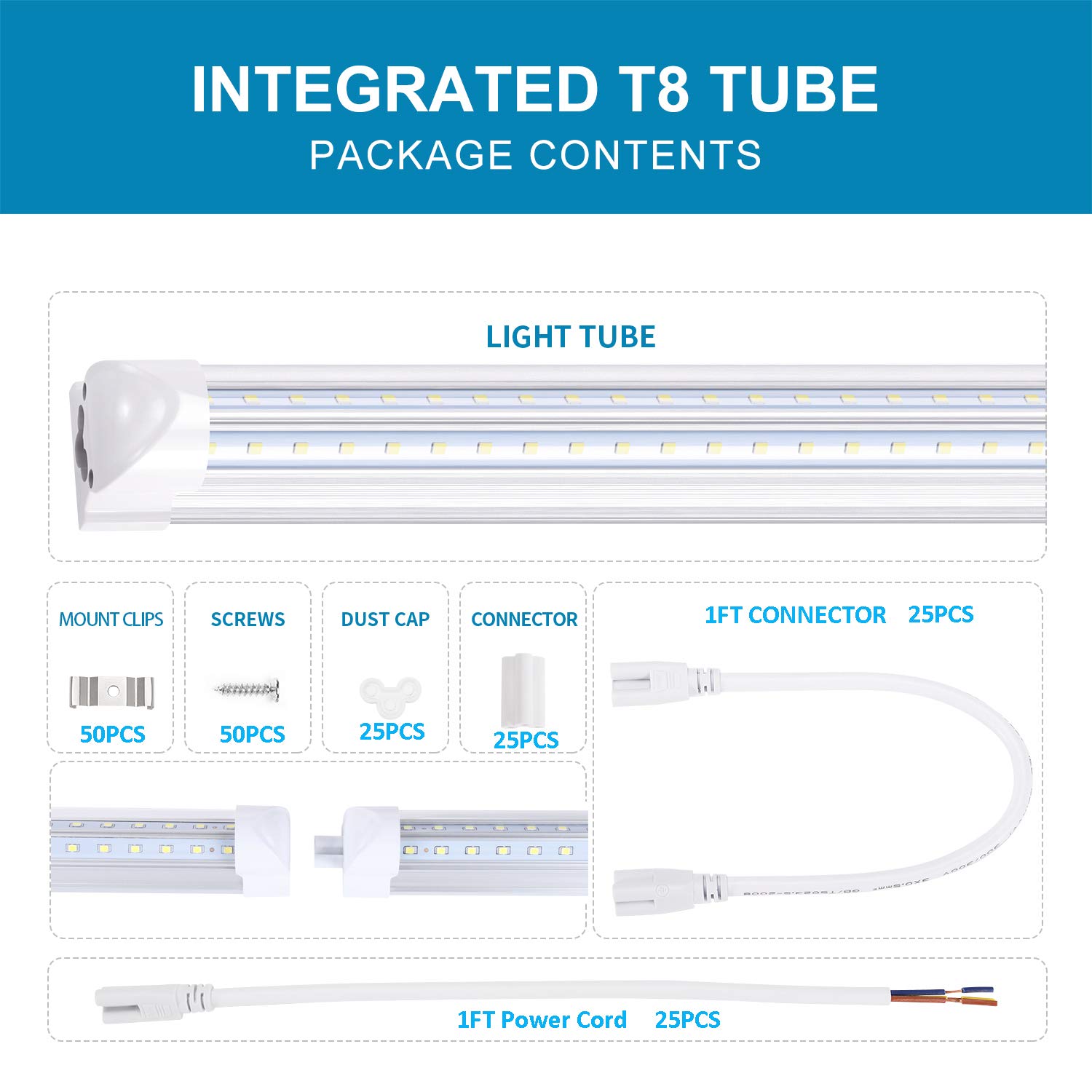 SOMLIGHT LED Shop Light 4ft, V Shape T8 LED Tube Light Fixture, Clear Cover 36w 6000K Cold White, Integrated 4 Foot Strip Light Fixture for Garage Warehouse Workshop Coolers, (25-Pack),Ship from USA