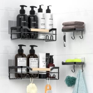 tj.moree shower caddy 4 pack, adhesive black bathroom shelves with 2 soap holders, farmhouse bathroom decor, no drilling rustproof shower rack organizer for bathroom & kitchen, rv, apartment, dorm