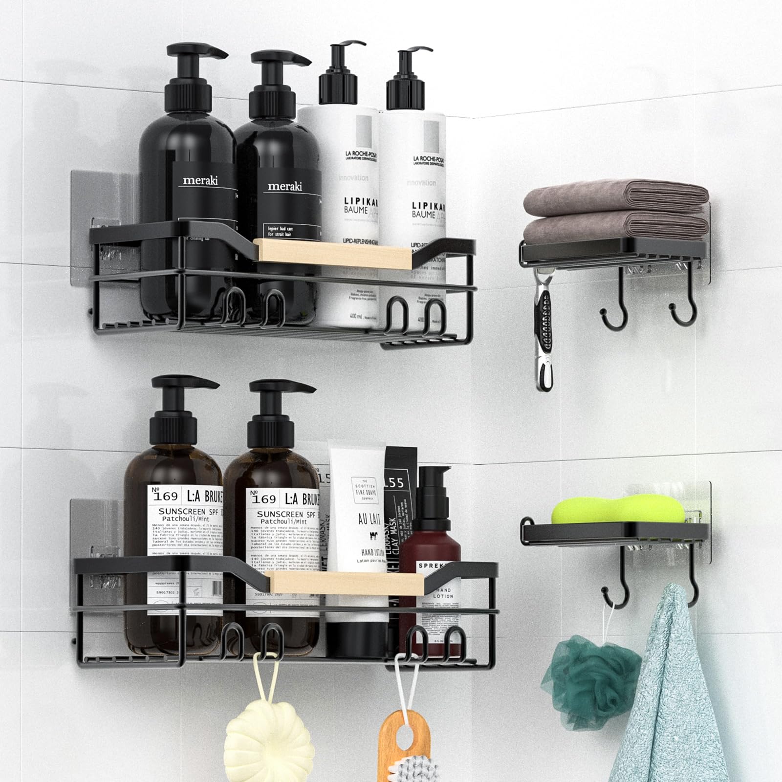 TJ.MOREE Shower Caddy 4 Pack, Adhesive Black Bathroom Shelves with 2 Soap Holders, Farmhouse Bathroom Decor, No Drilling Rustproof Shower Rack Organizer for Bathroom & Kitchen, RV, Apartment, Dorm