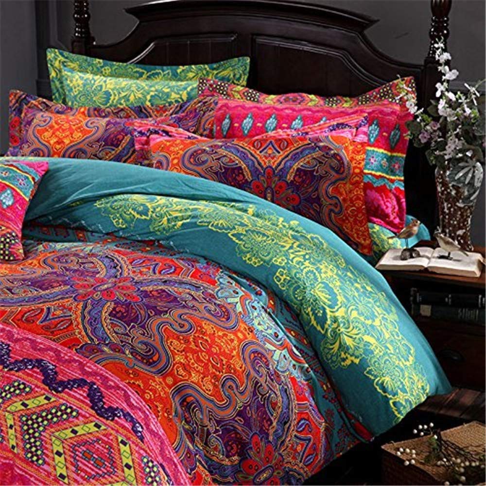 ABREEZE 3Pcs Bohemia Retro Bedding Ethnic Vintage Floral Duvet Cover Boho Bedding 100% Brushed Cotton Bedding Sets Damask Paisley Coloful Mandala Down Comforter Cover,Cal.King