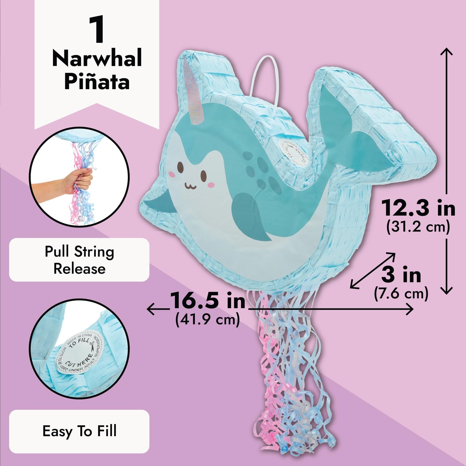 BLUE PANDA Pull String Narwhal Pinata for Birthday Party Supplies, Under the Sea Party Decorations, Baby Shower (Small, 16.5 x 12.3 x 3 In)