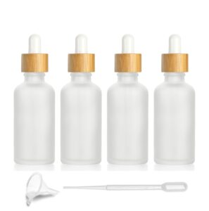 4 pcs bamboo frosted glass eye dropper bottle,empty essential oil bottles with pure glass pipettes,bamboo cap makeup travel cosmetic sample container-pipette&funnel included (50ml/1.7 ounce)