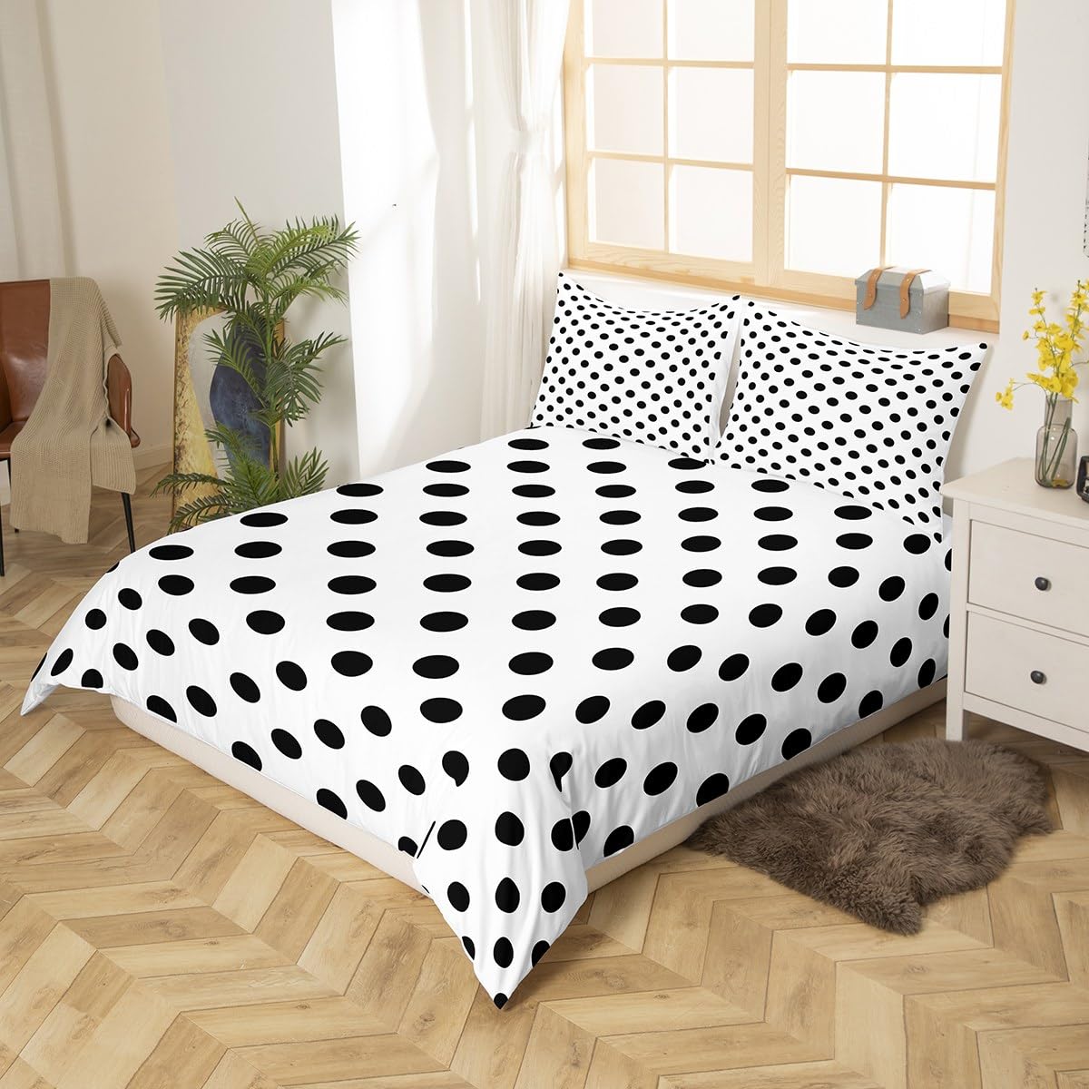 Feelyou Polka Dots Duvet Cover Black Circle Bedding Set Modern Geometry Design Comforter Cover for Boys Girls Kids Room Decor Lightweight Black White Bedspread Cover Queen Size with 2 Pillow Case