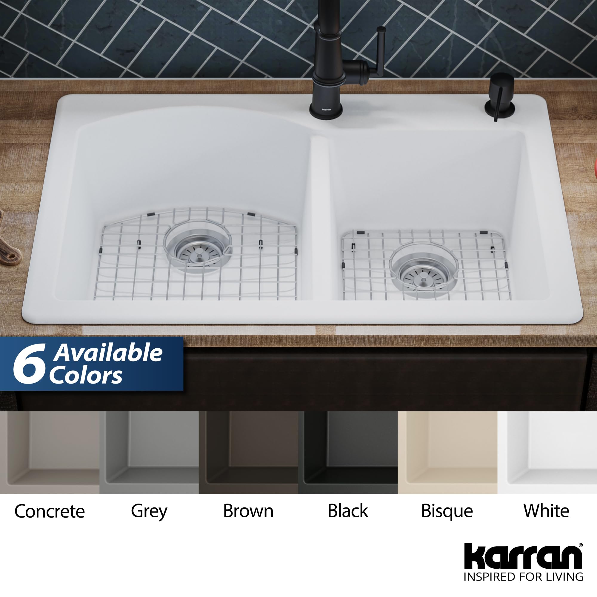 Karran QT-610 Drop-In Quartz Composite 33 in. 1-Hole 60/40 Double Bowl Kitchen Sink Kit in White