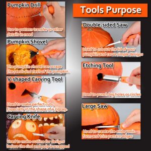 Taspire Halloween Pumpkin Carving Kit with 12pcs Stencils, (7 Pieces Pumpkin Carving Tools Set), Pumpkin Carving Set