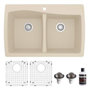 karran qt-720 drop-in quartz composite 34 in. 1-hole 50/50 double bowl kitchen sink kit in bisque