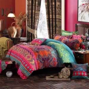 ABREEZE 3Pcs Bohemia Retro Bedding Ethnic Vintage Floral Duvet Cover Boho Bedding 100% Brushed Cotton Bedding Sets Damask Paisley Coloful Mandala Down Comforter Cover,Cal.King