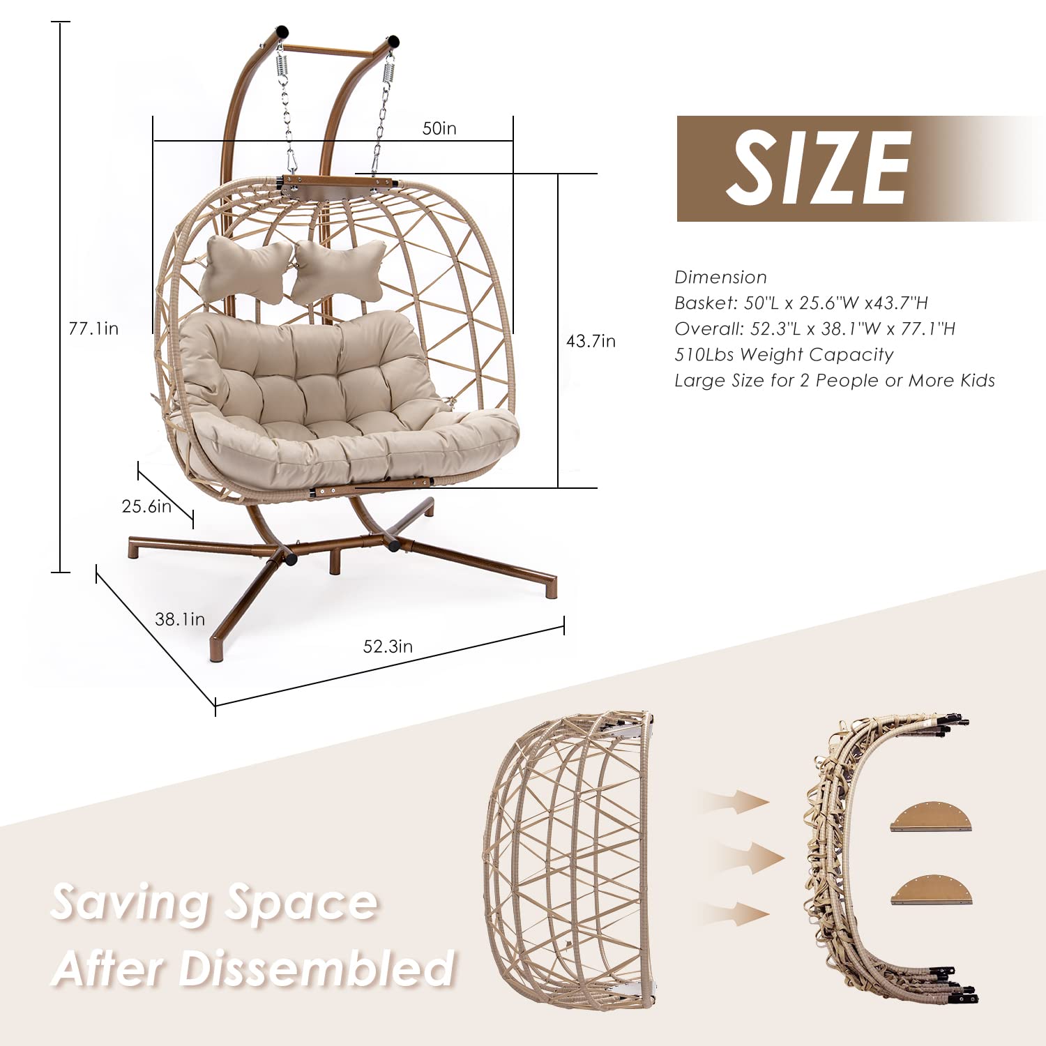 NICESOUL® Double Egg Chair Oversized 2 Person Patio Swing Chair with Stand, Indoor Outdoor Large PE Wicker Egg Shaped Hanging Egg Chair Thick Cushion (Beige)