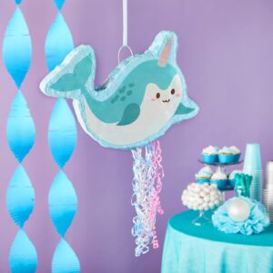 BLUE PANDA Pull String Narwhal Pinata for Birthday Party Supplies, Under the Sea Party Decorations, Baby Shower (Small, 16.5 x 12.3 x 3 In)