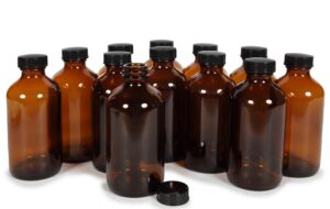 vivaplex, 12, amber, 8 oz glass bottles, with lids.