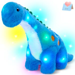 houwsbaby 14” blue light up dinosaur stuffed animal floppy led glowing diplodocus plush toy night lights glow pillow long neck birthday presents for kids toddler girls and boys