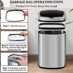 Garbage Can 13 Gallon 50 Liter, Kitchen Trash Can with Lid for Bathroom Bedroom Home Office Automatic Touch-Free Large Capacity Brushed Stainless Steel Trash Can with Lid