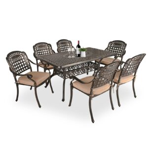 titimo 7-piece outdoor furniture dining set, all-weather cast aluminum conversation set includes 1 rectangular table and 6 chairs with khaki cushions and umbrella hole for patio garden deck