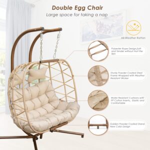 NICESOUL® Double Egg Chair Oversized 2 Person Patio Swing Chair with Stand, Indoor Outdoor Large PE Wicker Egg Shaped Hanging Egg Chair Thick Cushion (Beige)