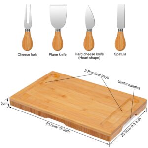 Bamboo Cheese Board and Knife Set, Cheese Plate Charcuterie Platter Serving Tray for Wine, Crackers, Brie and Meat, Large Thick Wooden Server, Fancy House Warming Gift for Gourmets (16''x10'')