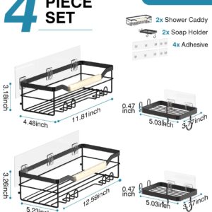 TJ.MOREE Shower Caddy 4 Pack, Adhesive Black Bathroom Shelves with 2 Soap Holders, Farmhouse Bathroom Decor, No Drilling Rustproof Shower Rack Organizer for Bathroom & Kitchen, RV, Apartment, Dorm