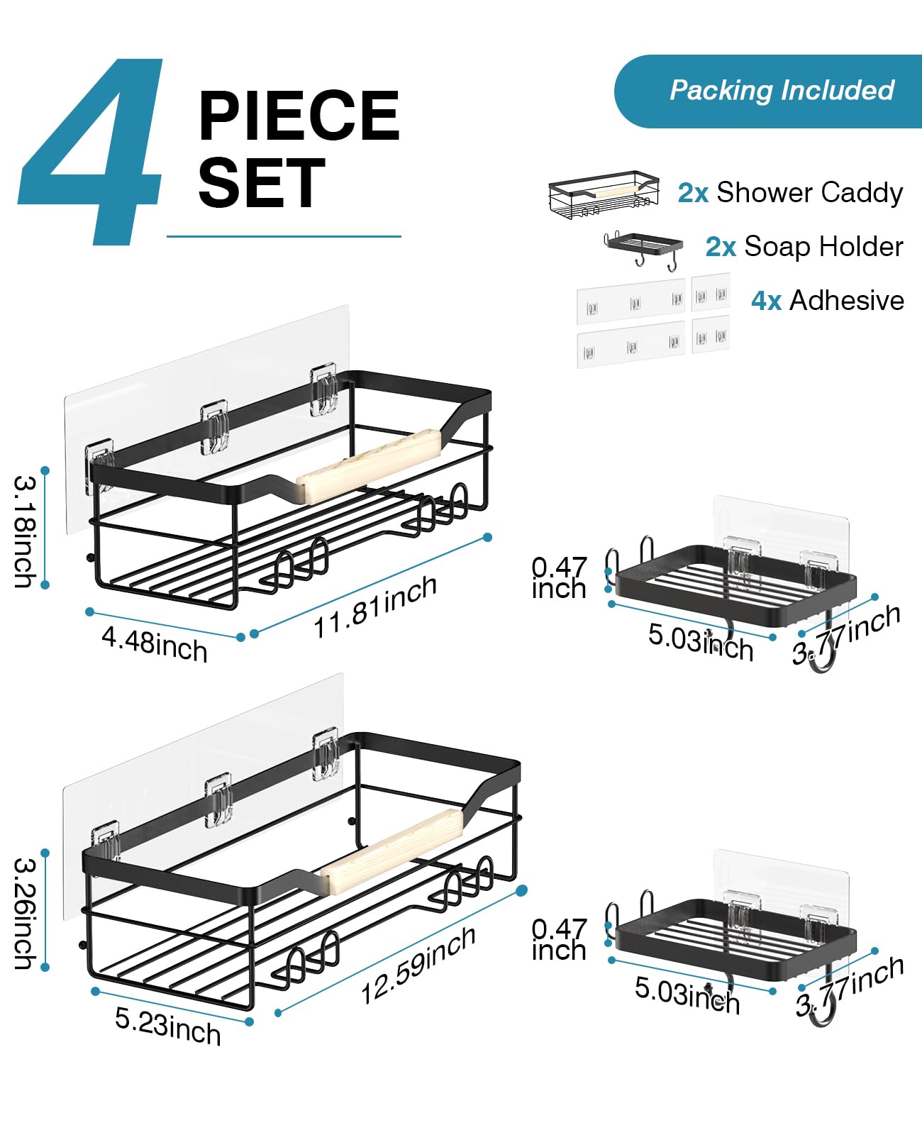 TJ.MOREE Shower Caddy 4 Pack, Adhesive Black Bathroom Shelves with 2 Soap Holders, Farmhouse Bathroom Decor, No Drilling Rustproof Shower Rack Organizer for Bathroom & Kitchen, RV, Apartment, Dorm