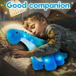 Houwsbaby 14” Blue Light up Dinosaur Stuffed Animal Floppy LED Glowing Diplodocus Plush Toy Night Lights Glow Pillow Long Neck Birthday Presents for Kids Toddler Girls and Boys