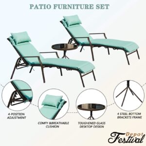 Festival Depot 3 Pieces Chaise Lounge Set of 2 Patio Chairs with Adjustable Back Removable Cushions and 1 Bistro Table Outdoor Furniture for Pool Lawn Deck Garden (Light Blue)