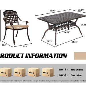 TITIMO 7-Piece Outdoor Furniture Dining Set, All-Weather Cast Aluminum Conversation Set Includes 1 Rectangular Table and 6 Chairs with Khaki Cushions and Umbrella Hole for Patio Garden Deck