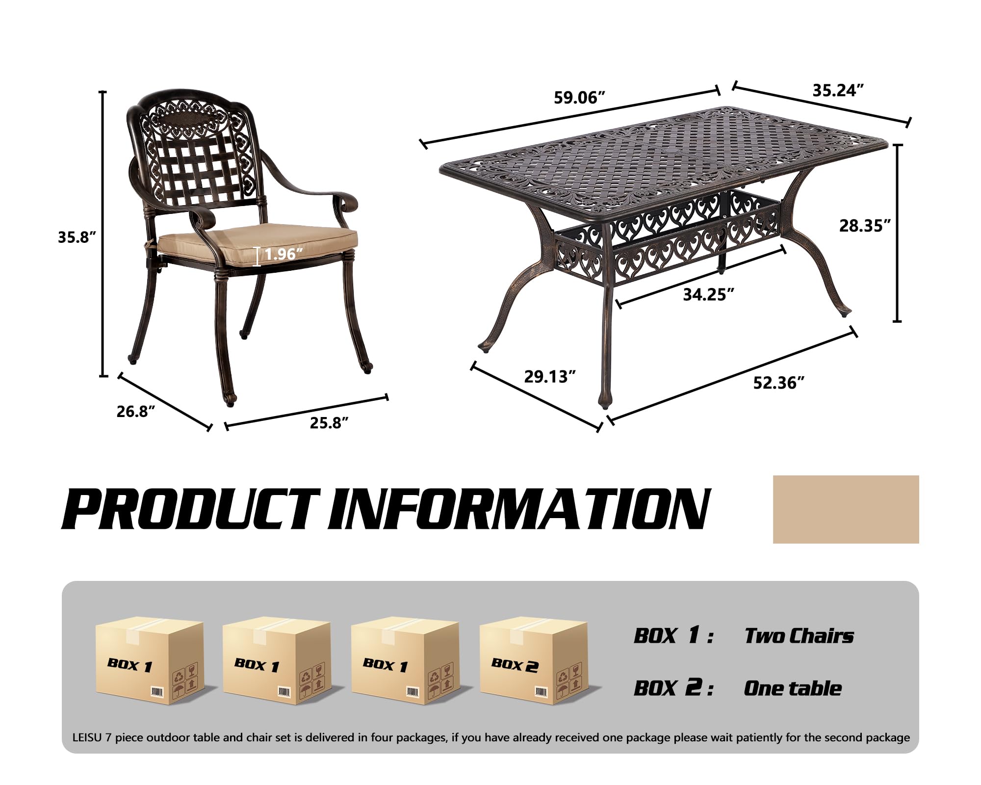 TITIMO 7-Piece Outdoor Furniture Dining Set, All-Weather Cast Aluminum Conversation Set Includes 1 Rectangular Table and 6 Chairs with Khaki Cushions and Umbrella Hole for Patio Garden Deck