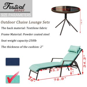 Festival Depot 3 Pieces Chaise Lounge Set of 2 Patio Chairs with Adjustable Back Removable Cushions and 1 Bistro Table Outdoor Furniture for Pool Lawn Deck Garden (Light Blue)