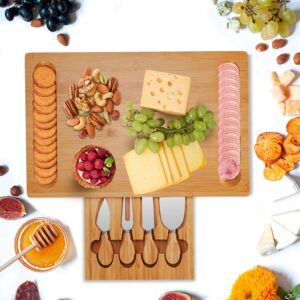 Bamboo Cheese Board and Knife Set, Cheese Plate Charcuterie Platter Serving Tray for Wine, Crackers, Brie and Meat, Large Thick Wooden Server, Fancy House Warming Gift for Gourmets (16''x10'')