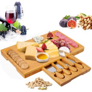 Bamboo Cheese Board and Knife Set, Cheese Plate Charcuterie Platter Serving Tray for Wine, Crackers, Brie and Meat, Large Thick Wooden Server, Fancy House Warming Gift for Gourmets (16''x10'')