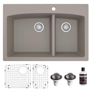 karran qt-711 drop-in quartz composite 33 in. 1-hole 60/40 double bowl kitchen sink kit in concrete