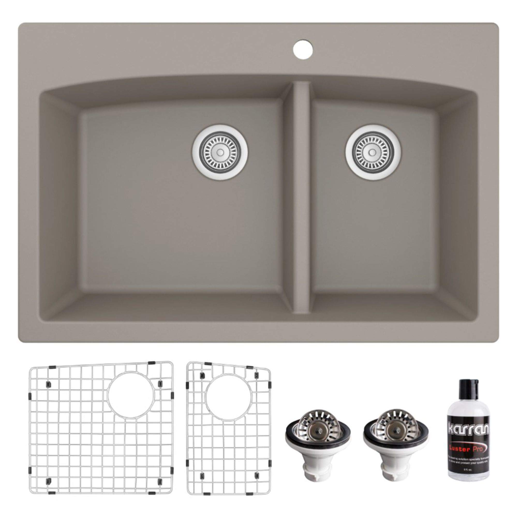 Karran QT-711 Drop-In Quartz Composite 33 in. 1-Hole 60/40 Double Bowl Kitchen Sink Kit in Concrete