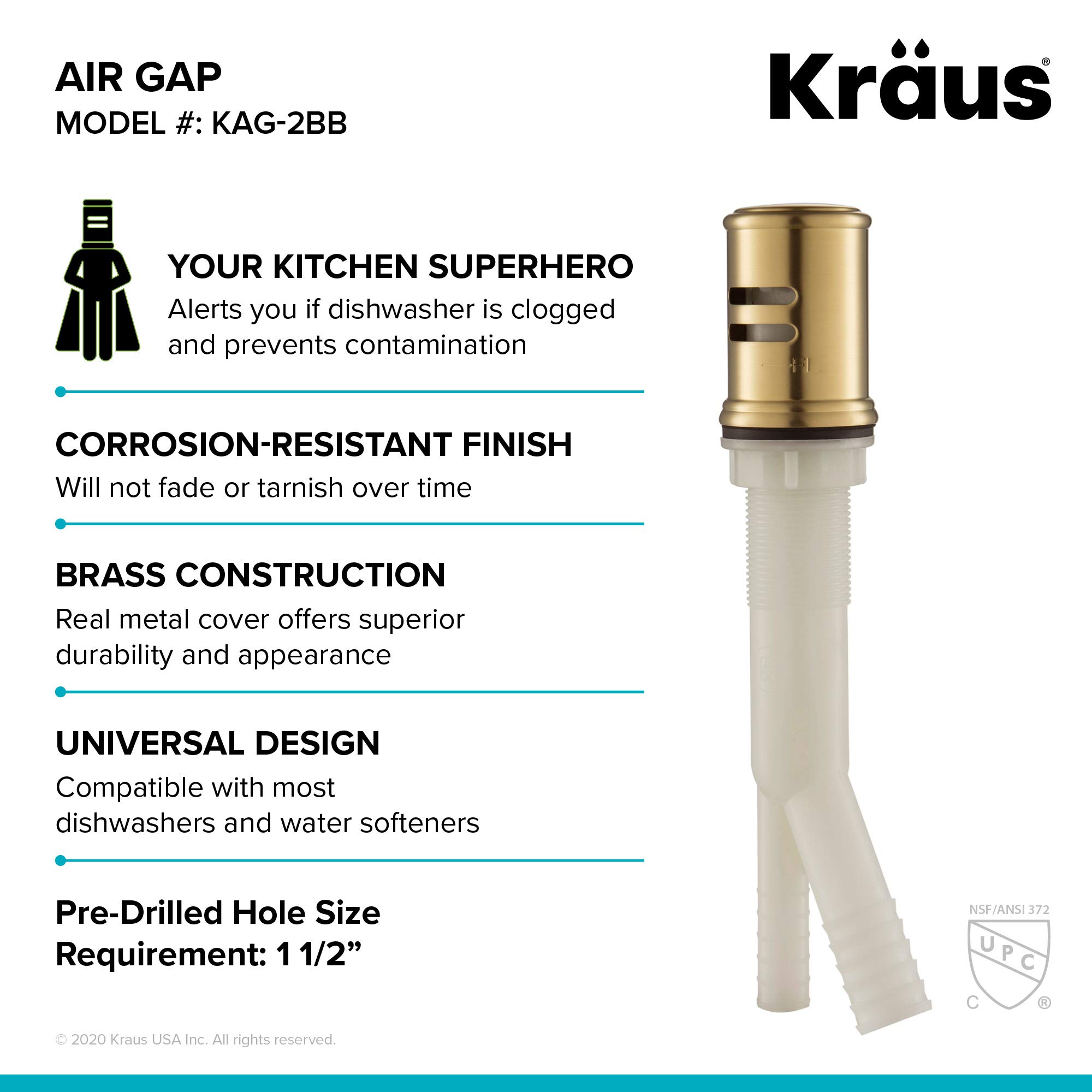 KRAUS Dishwasher Air Gap in Brushed Brass, KAG-2BB