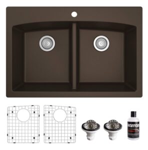 karran qt-710 drop-in quartz composite 33 in. 1-hole 50/50 double bowl kitchen sink kit in brown