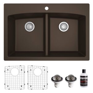 Karran QT-710 Drop-In Quartz Composite 33 in. 1-Hole 50/50 Double Bowl Kitchen Sink Kit in Brown