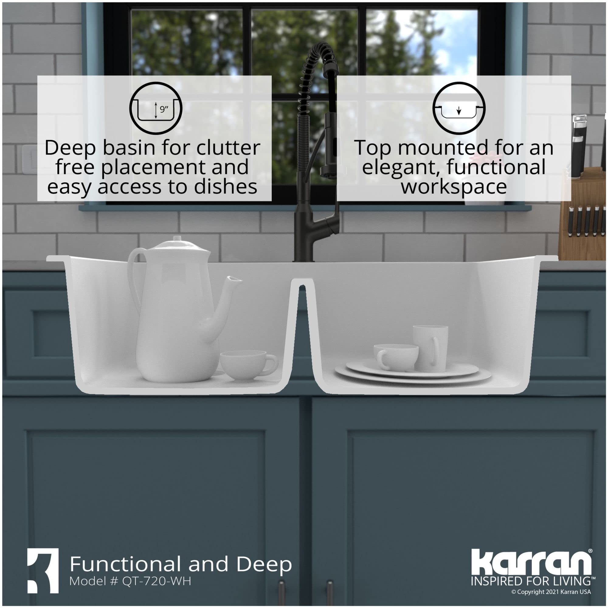 Karran QT-720 Drop-In Quartz Composite 34 in. 1-Hole 50/50 Double Bowl Kitchen Sink Kit in Black